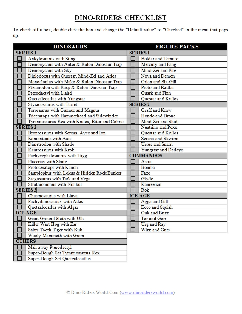 SPECIAL FEATURES - TOY CHECKLIST